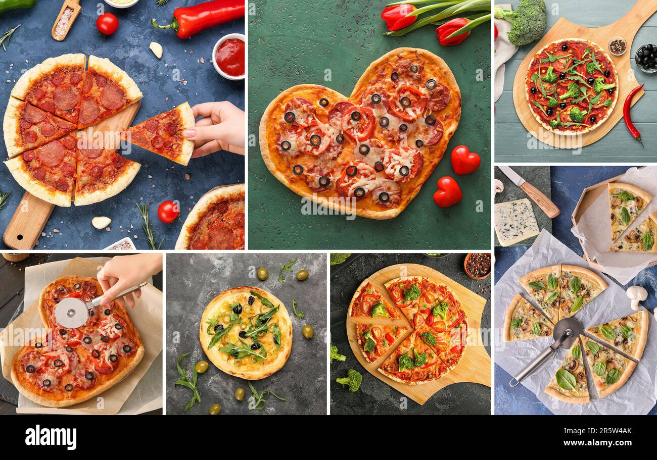 Collage with different pizzas on color background, flat lay Stock Photo ...
