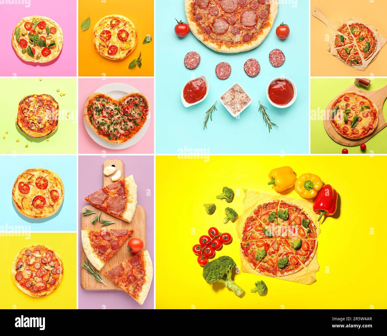 Collage with different pizzas on color background Stock Photo - Alamy