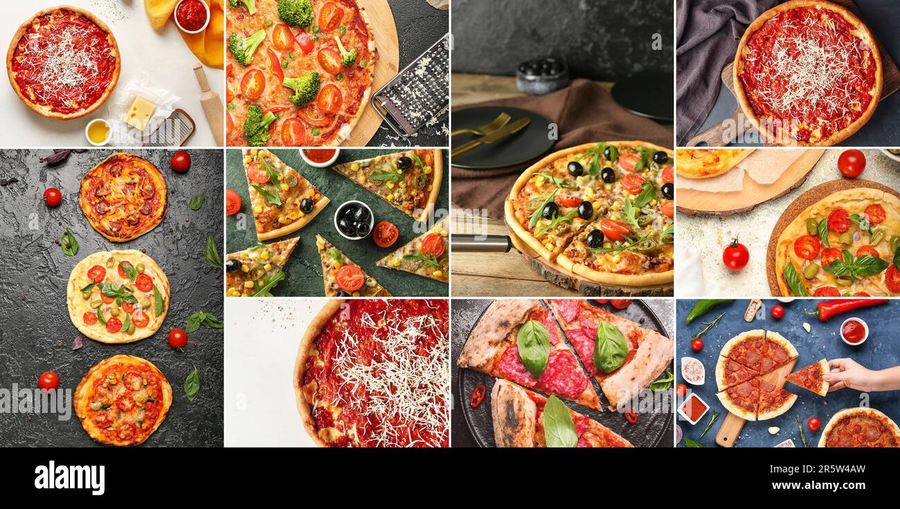 Collage with many yummy pizzas Stock Photo - Alamy