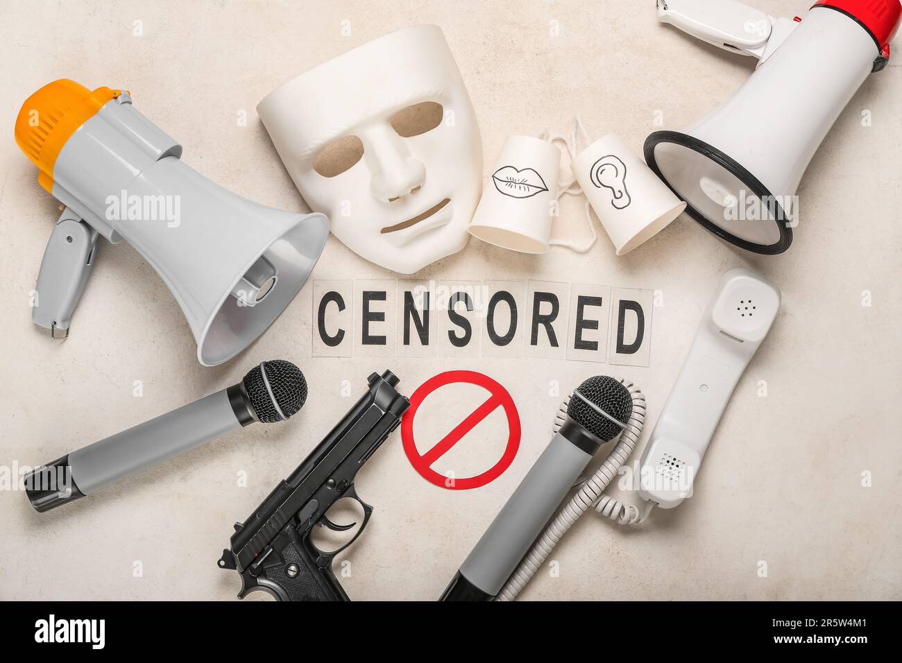Composition with word CENSORED and items on white background Stock ...