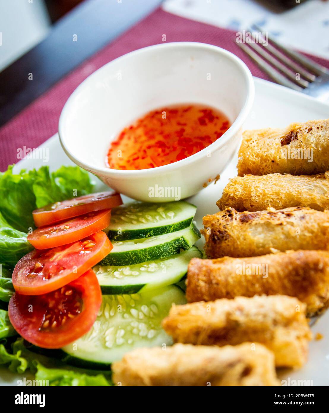 Vietnamese vegetable spring rolls with tomato, cucumbers and red chilli ...
