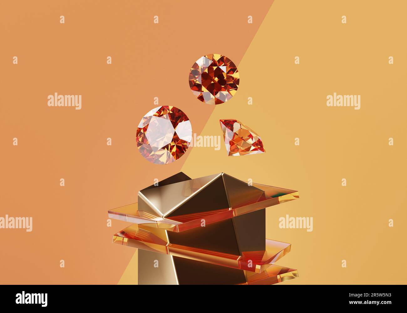 Abstract amber diamond gem placed on brown pedestal background 3d ...