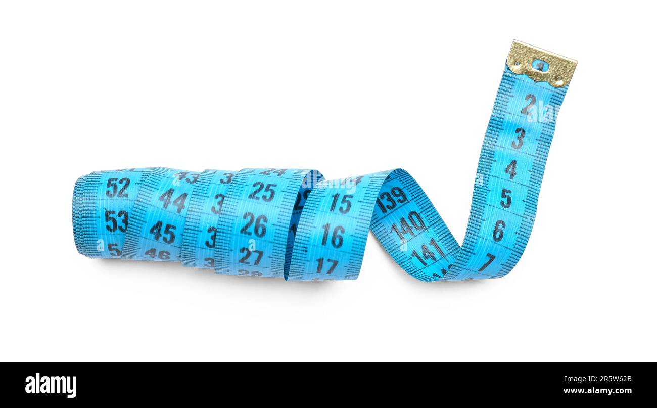 Blue tape measure on white background Stock Photo - Alamy
