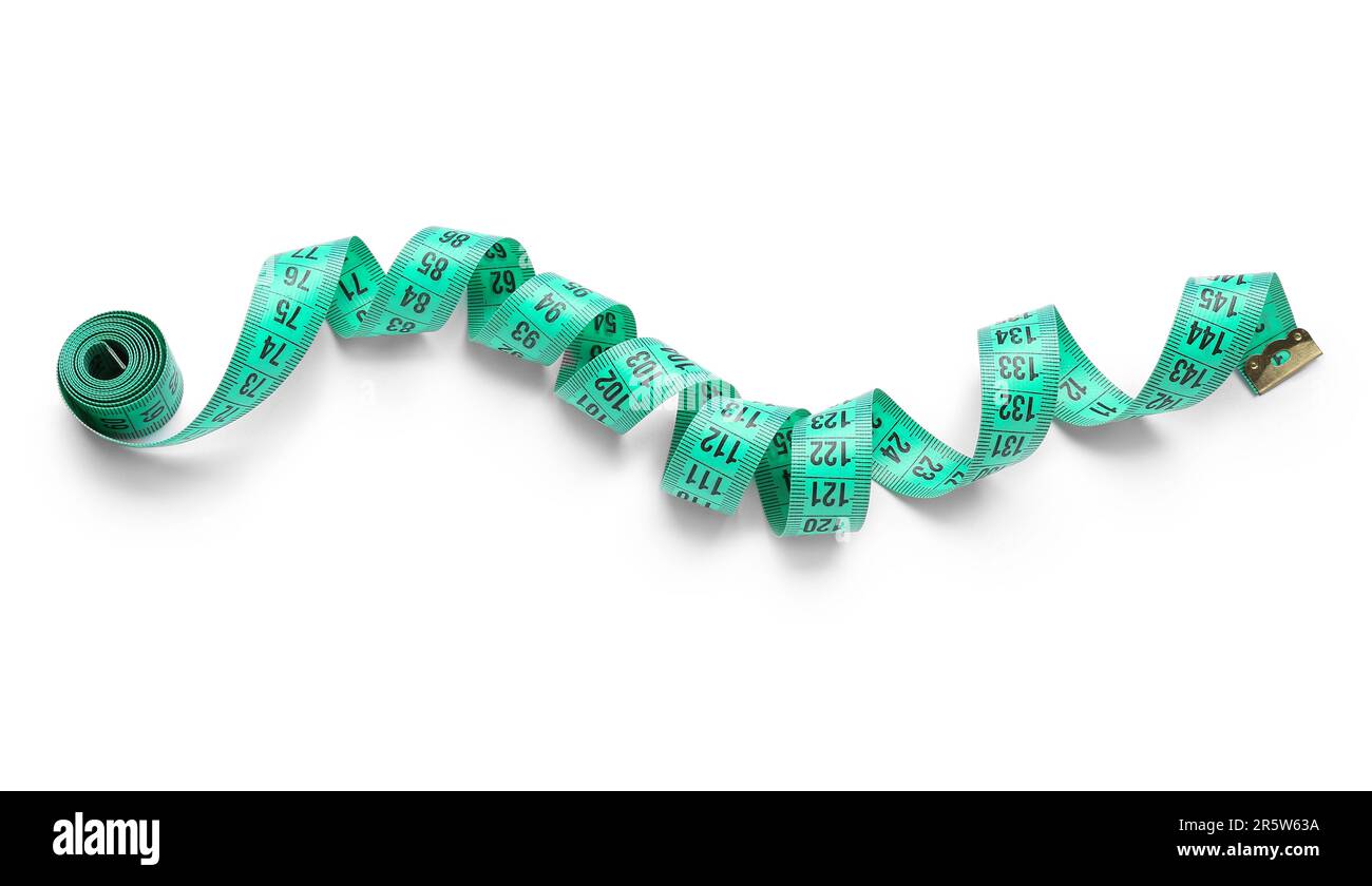 Green tape measure on white background Stock Photo - Alamy