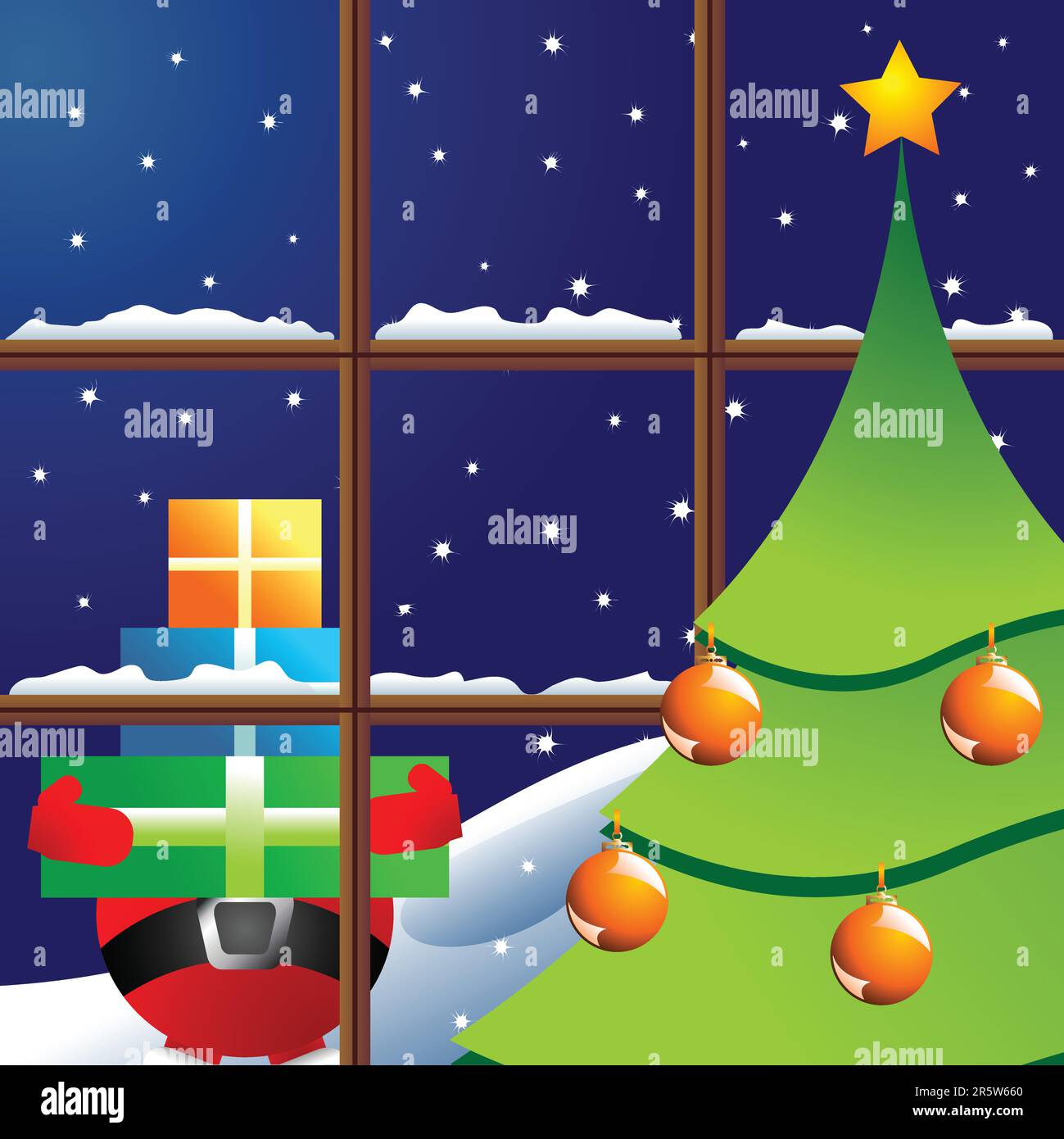 Christmas night through window showing Santa with gifts Stock Vector ...