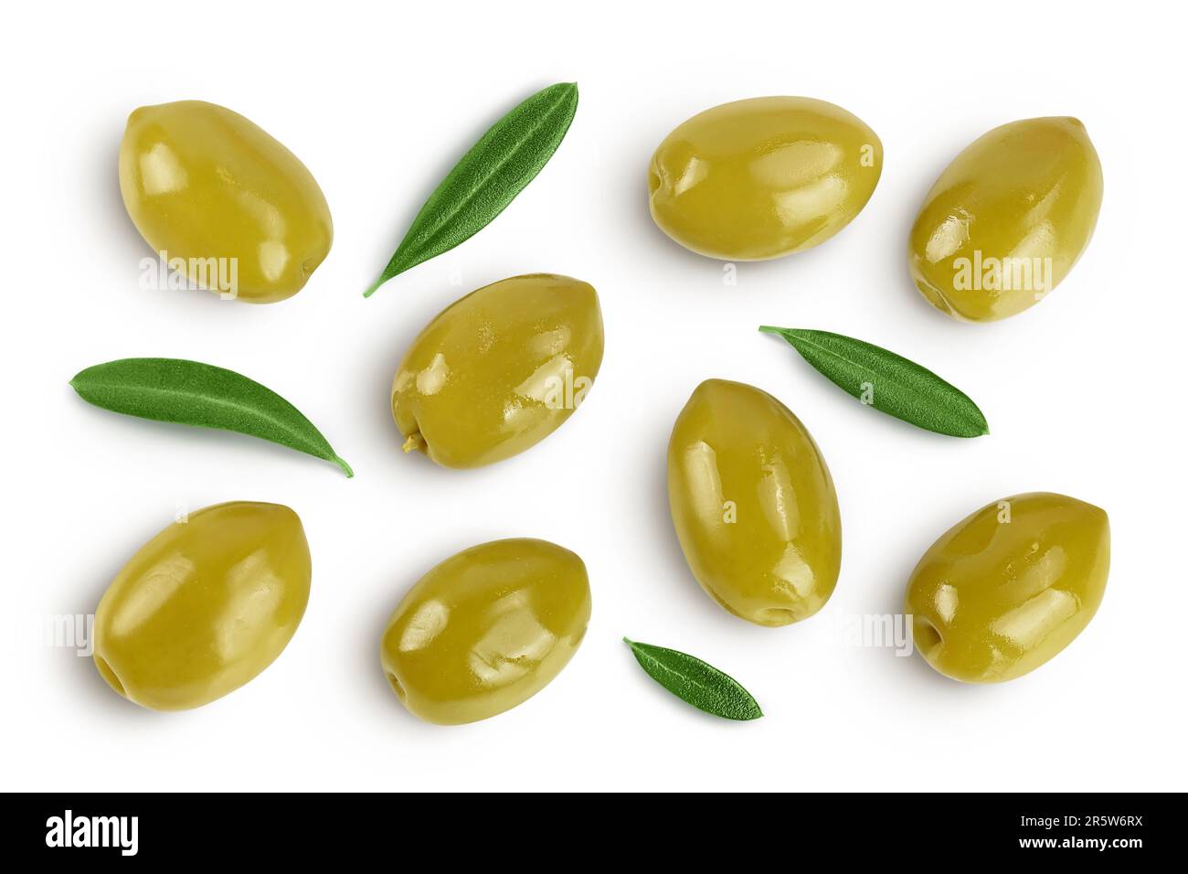 Green olives with leaves isolated on a white background with full depth ...