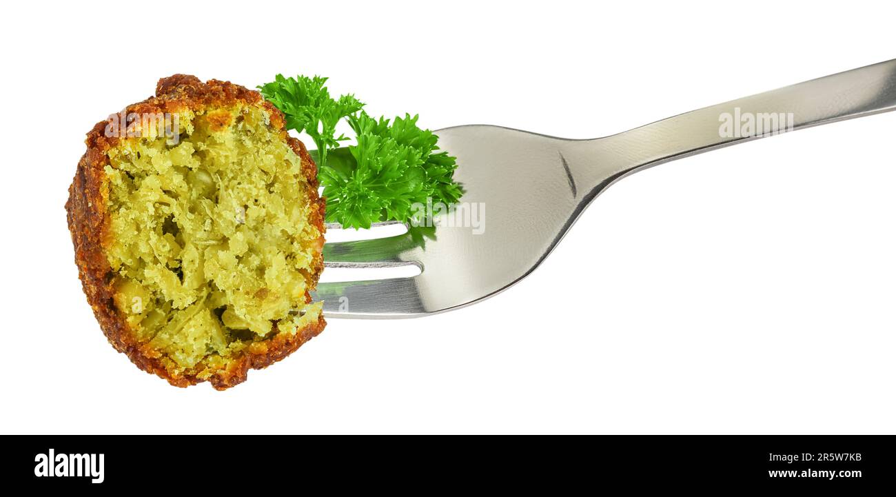 falafel ball on a fork isolated on a white background with full depth ...