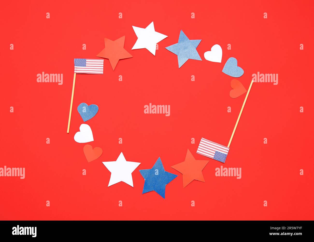 Frame made of USA flags, stars and hearts on red background ...