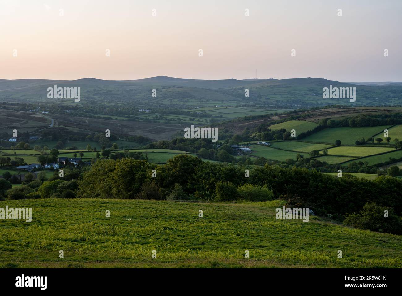 Morning sun shines on the Tavy Valley and the hills of Dartmoor as seen ...