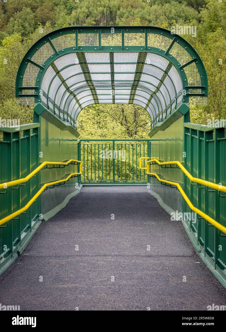 A green wooden bridge with yellow metal handrails leads to a lush green ...