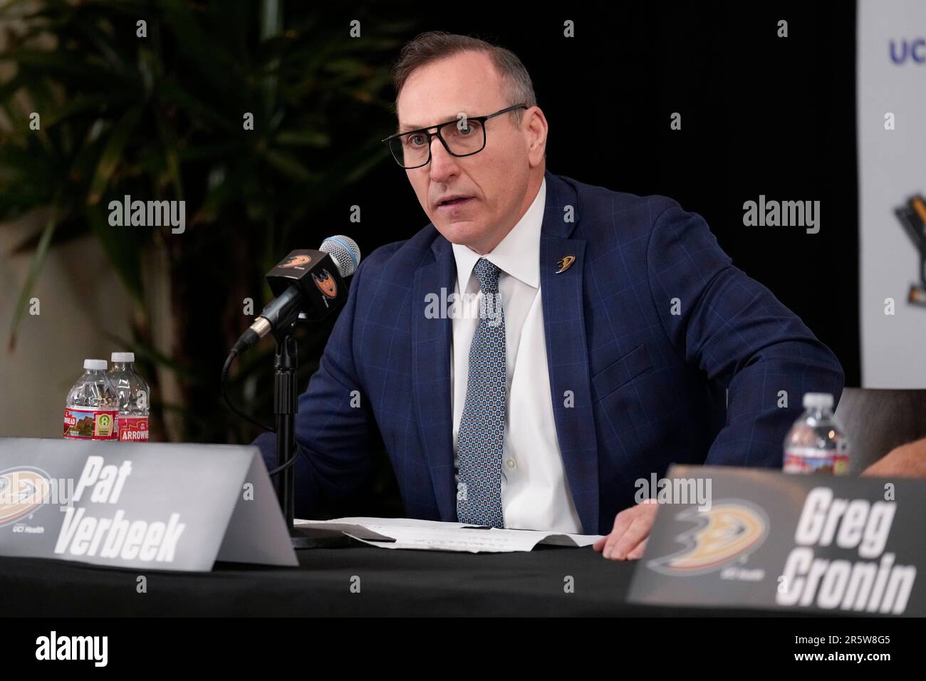 Anaheim Ducks General Manager Pat Verbeek speaks to reporters during a ...