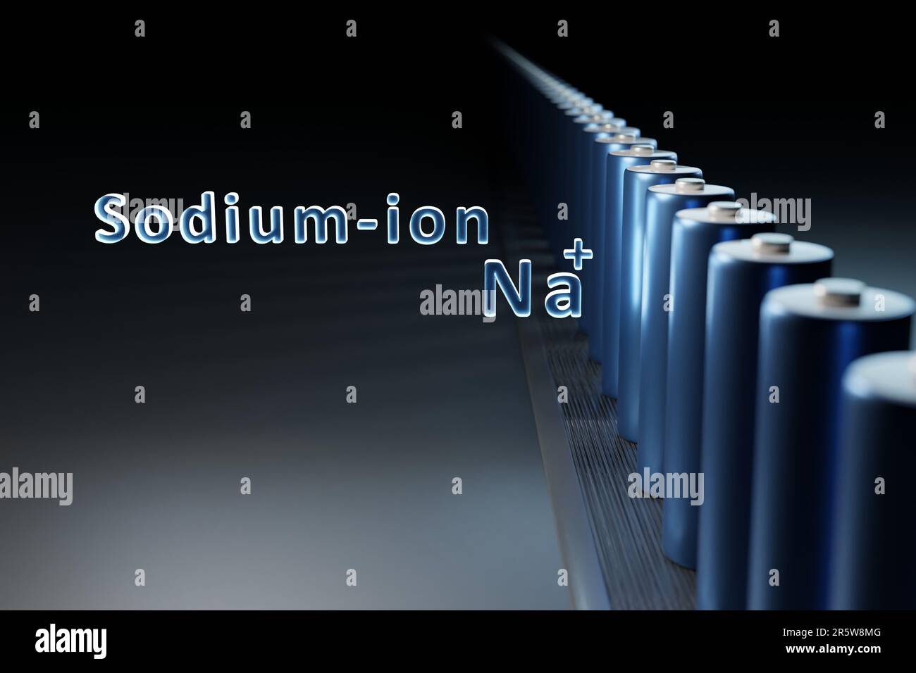 The line of Sodium-ion batteries in a dark background- 3D render ...