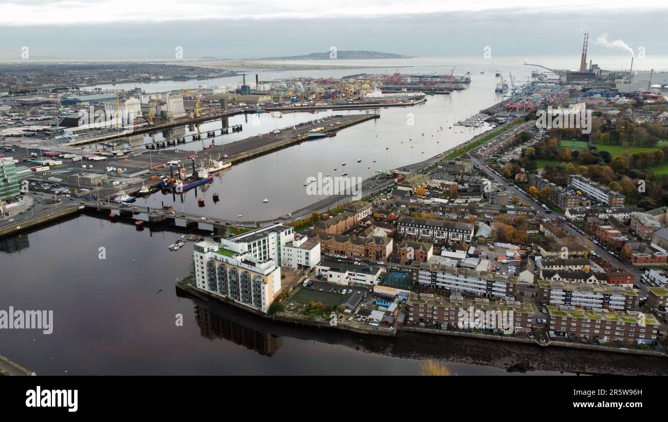 An aerial view of Dublin City with urban buildings and houses near ...