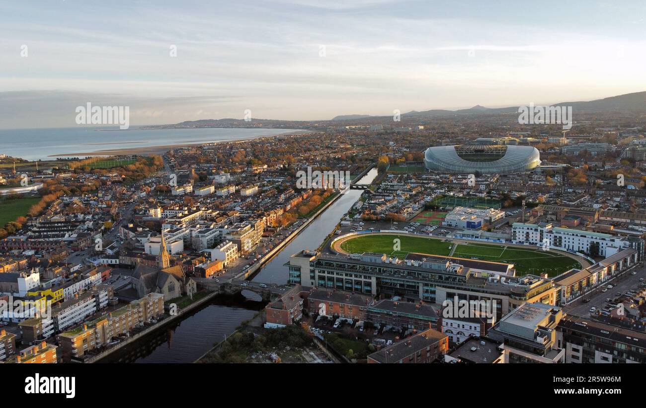 An aerial view of Dublin bay with with Aviva Stadium at Sunset Stock ...