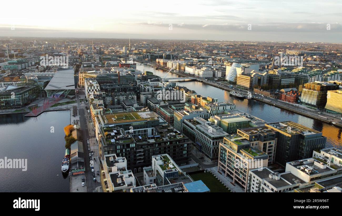 An aerial view of Dublin City with urban buildings and houses near ...