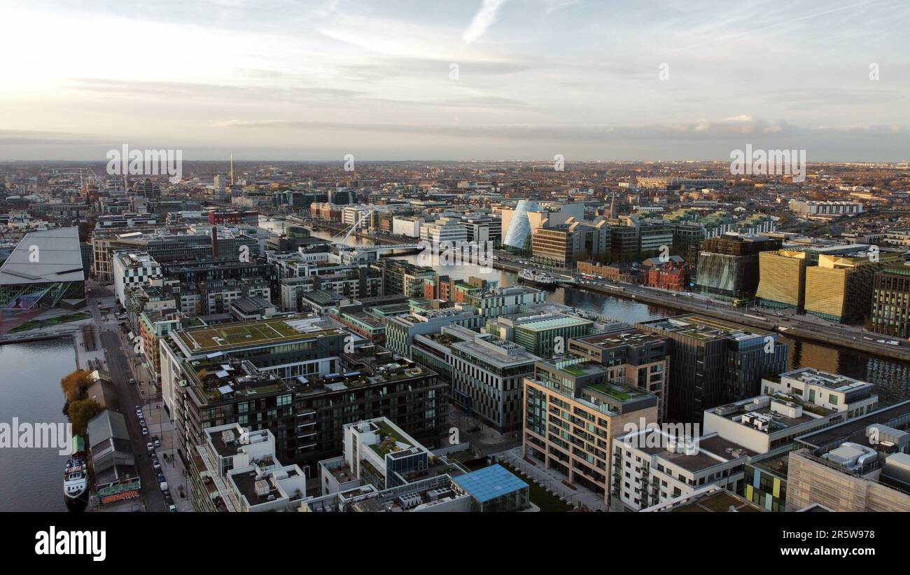 An aerial view of Dublin City with urban buildings and houses near ...