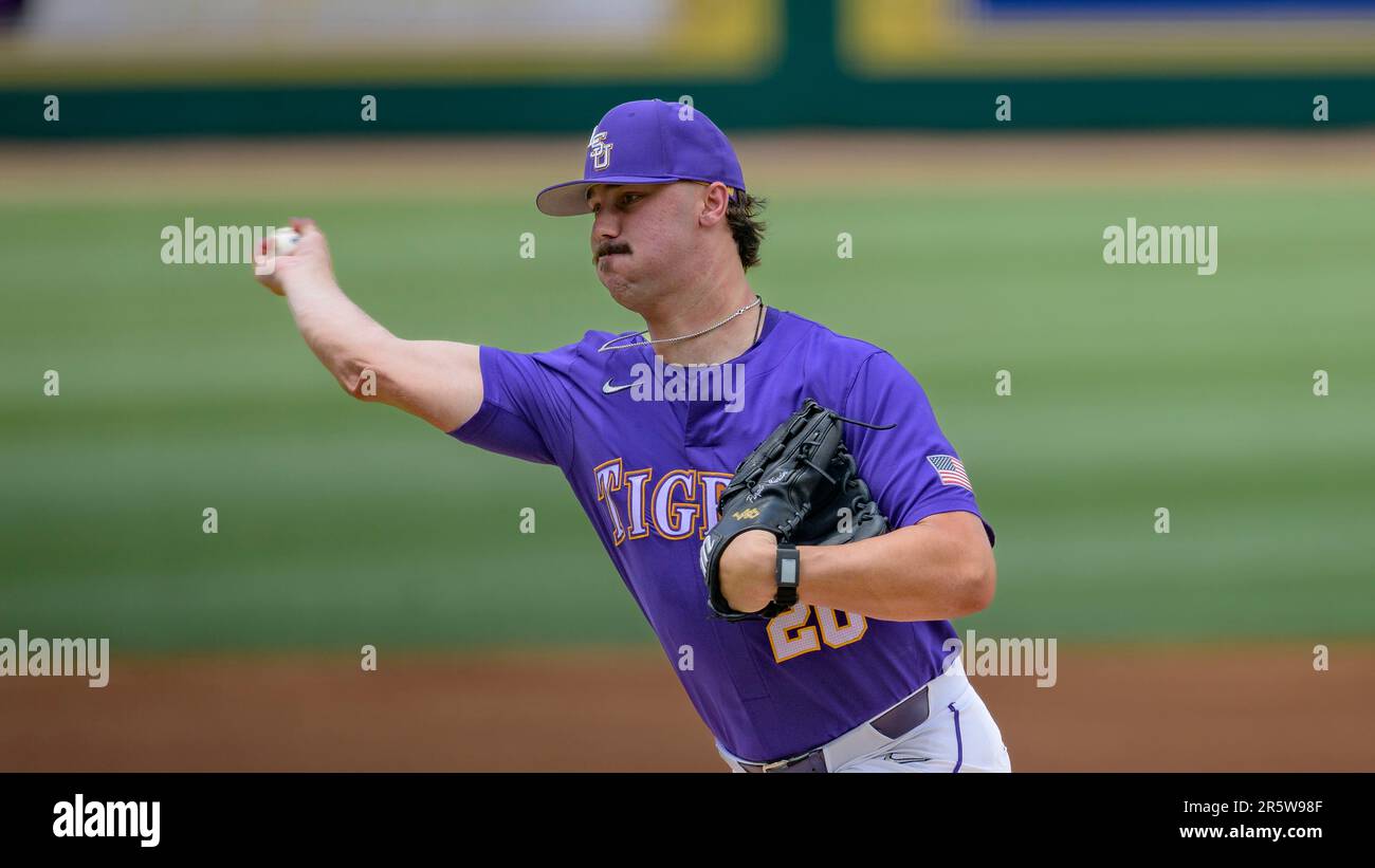 LSU pitcher Paul Skenes (20) throws during an NCAA baseball game on ...