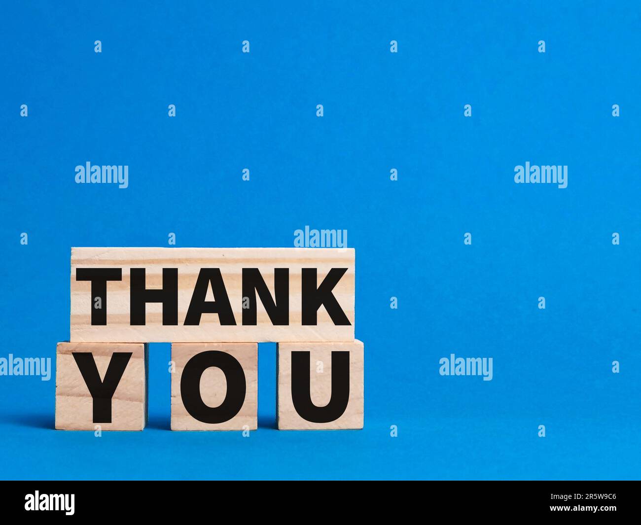 The words thank you written on wooden blocks isolated on blue ...