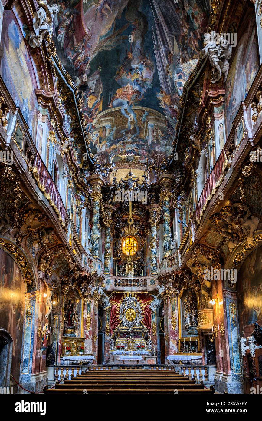 Rich rococo decorations of interior of the old catholic church Stock ...