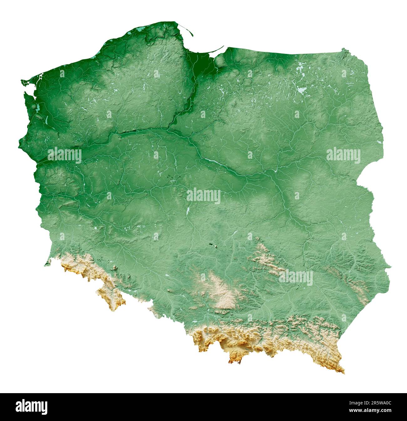 Poland. Highly detailed 3D rendering of a shaded relief map with rivers ...