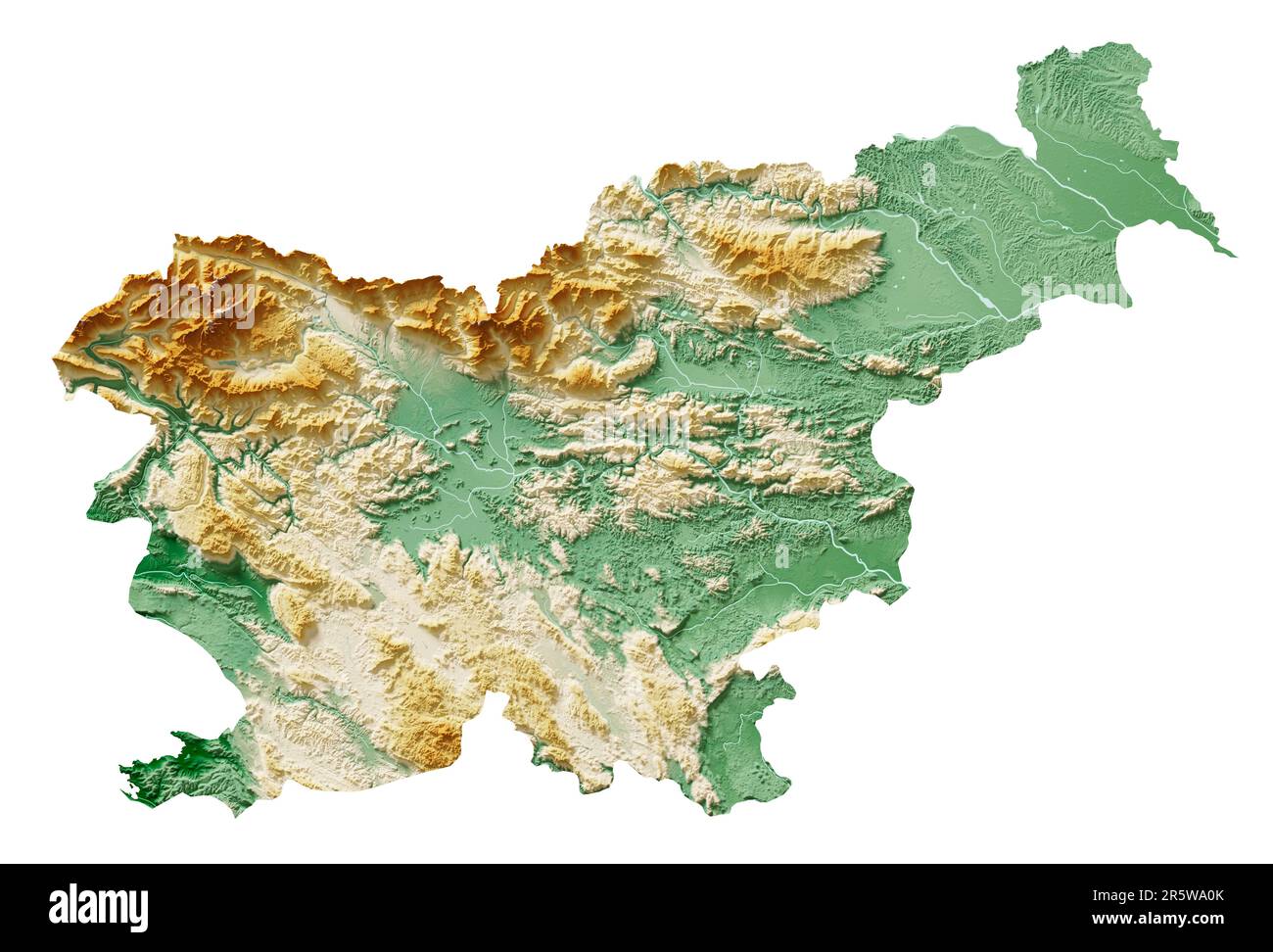 Slovenia. Highly detailed 3D rendering of a shaded relief map with ...