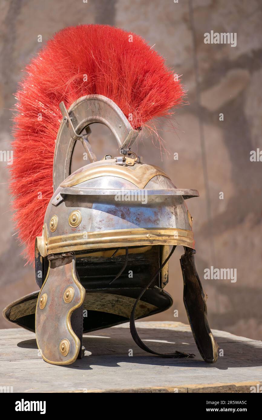vertical view of a roman centurion helmet with red plume: A Roman ...