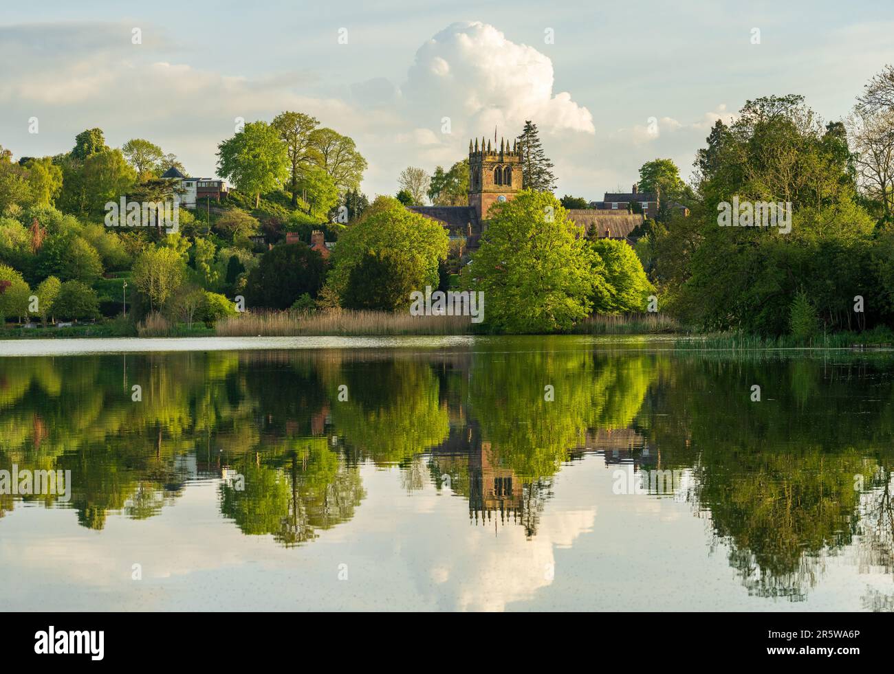Town of Ellesmere in Shropshire with reflection view from across the ...