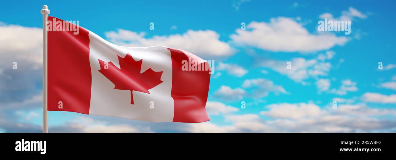 Canada day, Canadian National Holiday. Flag waving on blue sky ...