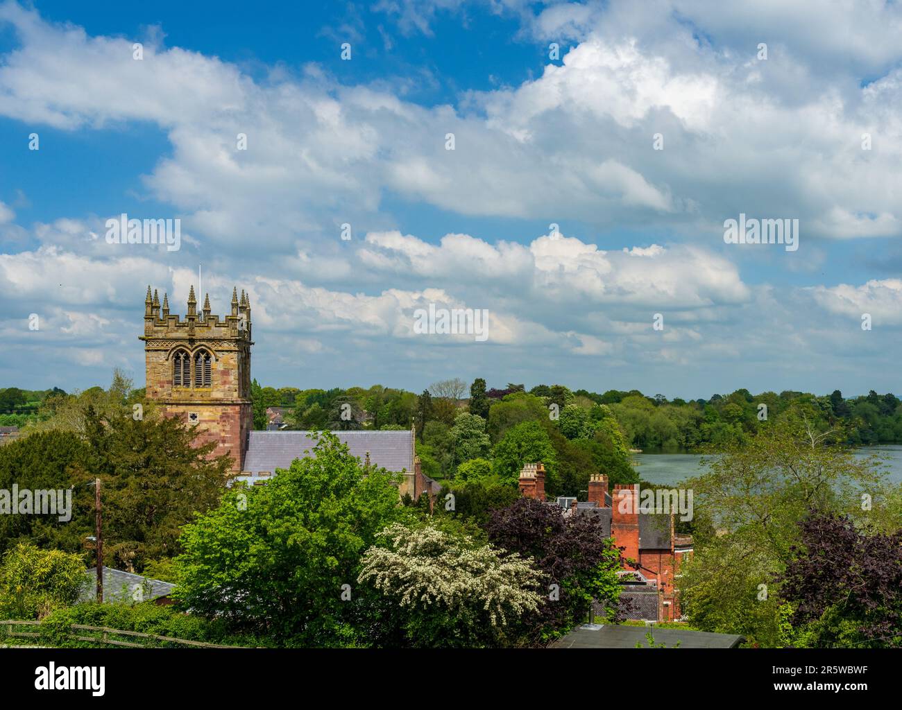 Tower of parish church of St Mary in Ellesmere Shropshire from the ...