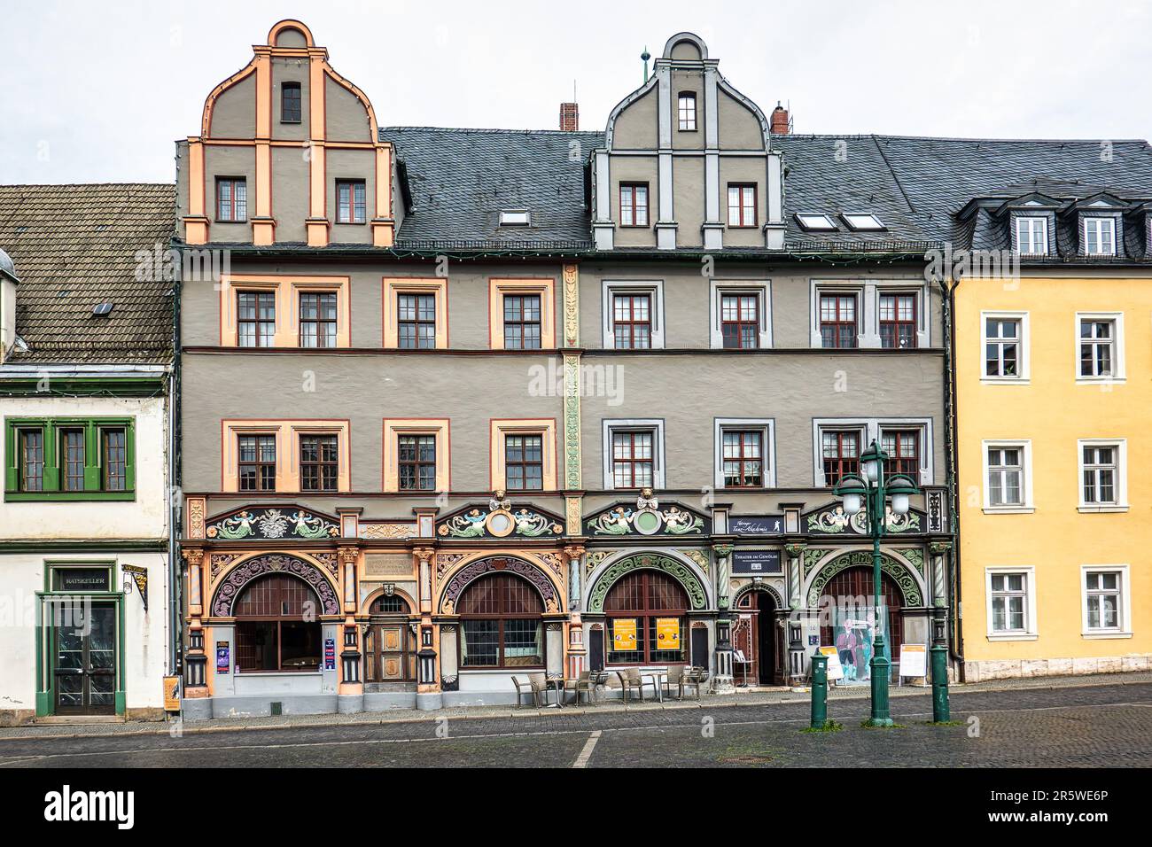 Historic Theater Im Gewolbe building on the market square of Weimar in ...