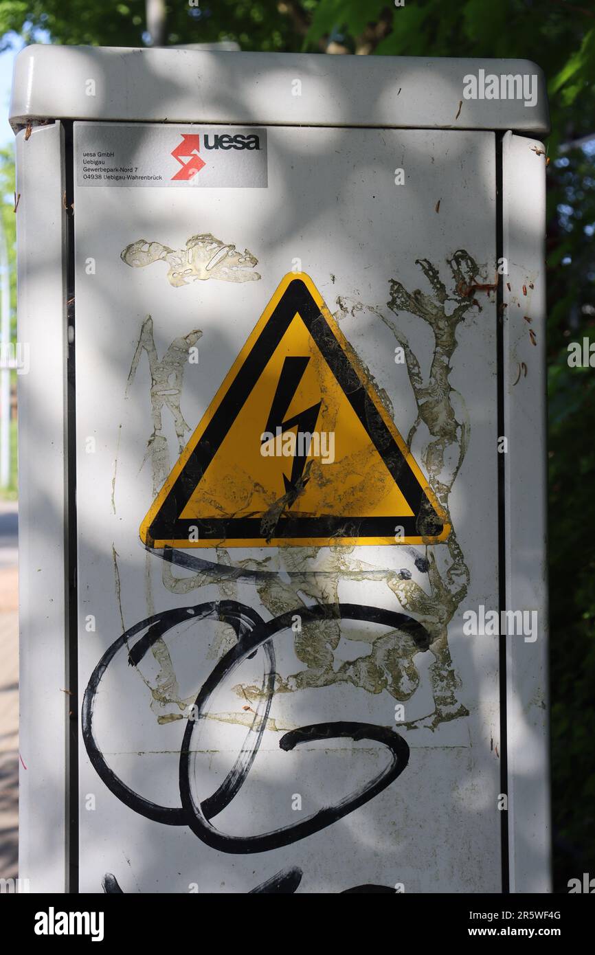 Closeup of the side of a breaker box with a high voltage sign Stock ...
