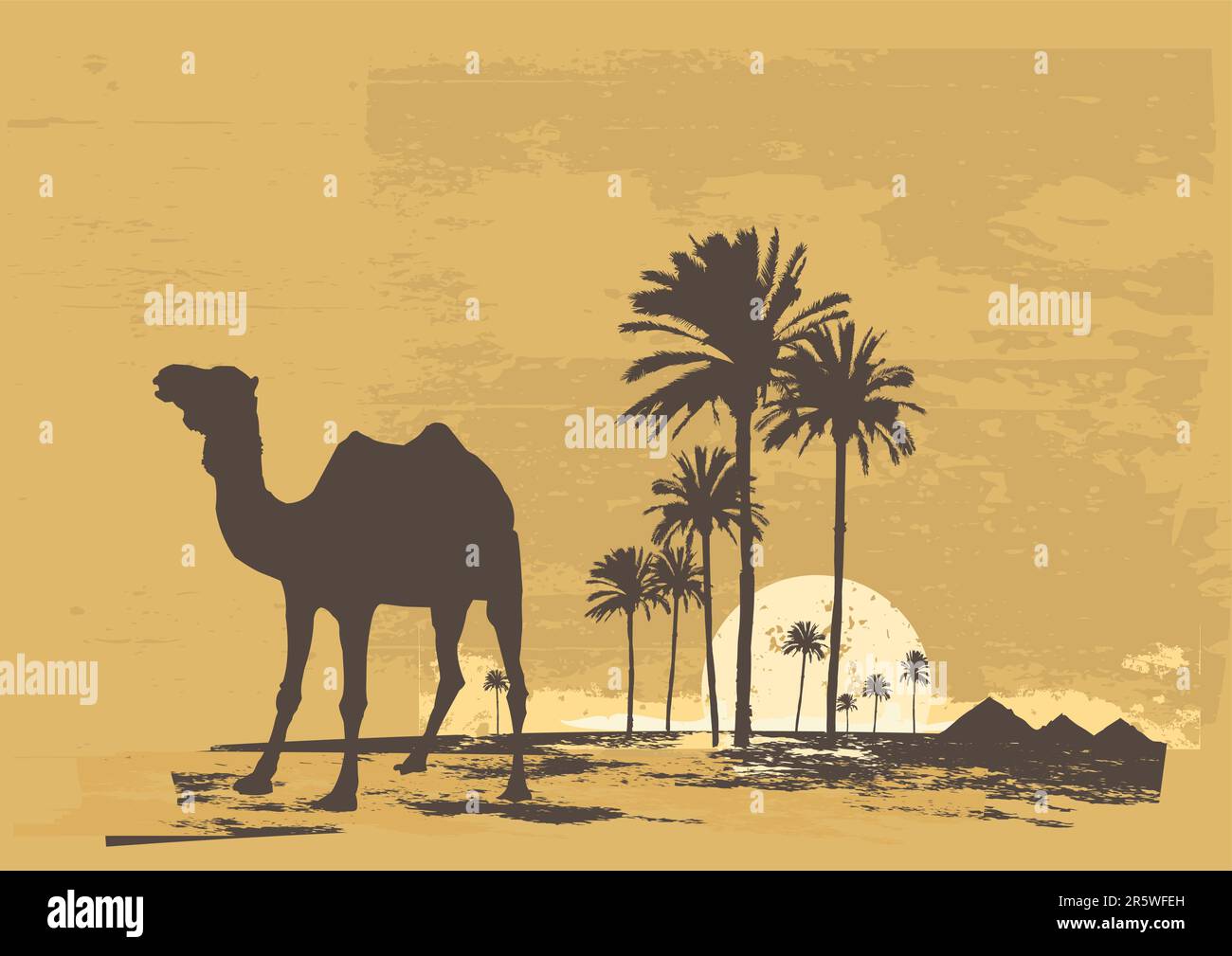 Vector illustration of sunset in african desert. Camel and palms on ...