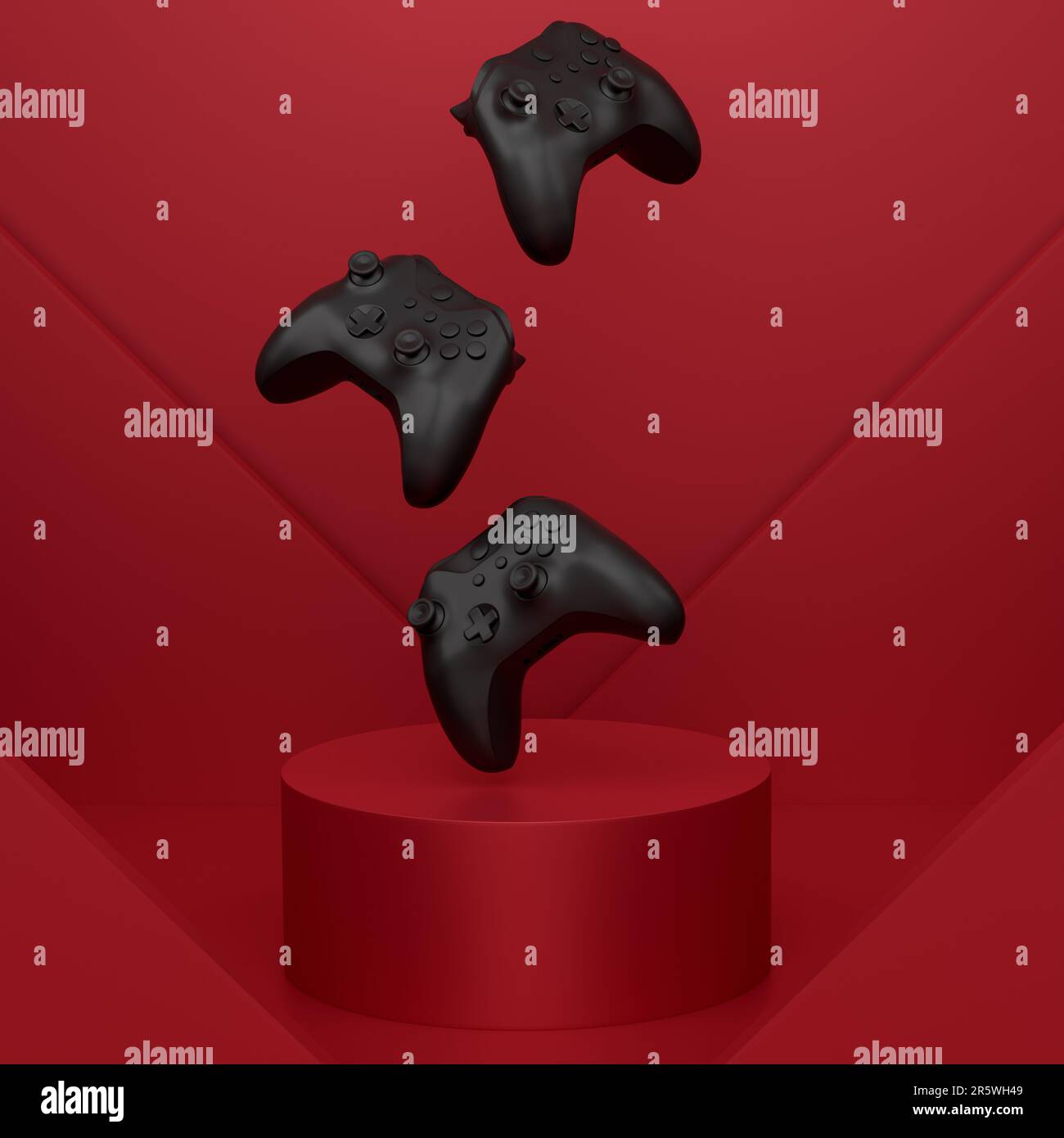 Set of video game joystick on cylinder podium with steps on monochrome ...