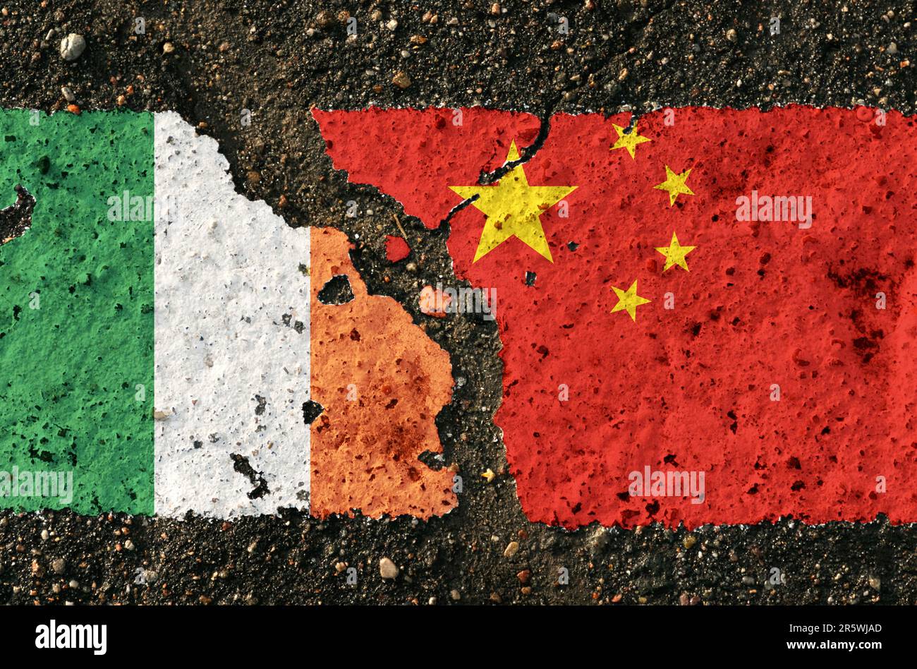 On the pavement are images of the flags of Ireland and China, as a ...