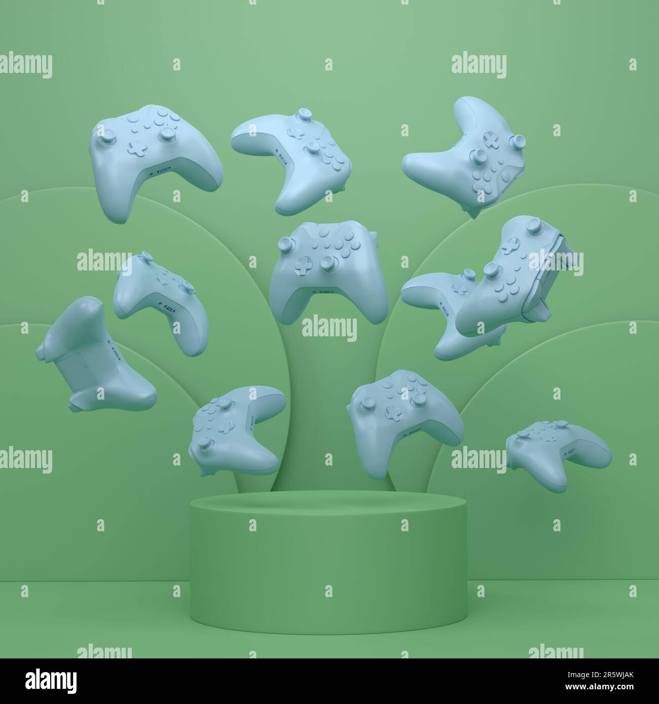 Set of video game joystick on cylinder podium with steps on monochrome ...