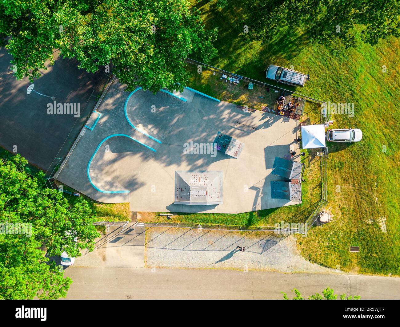 Aerial drone view above skate park Stock Photo - Alamy