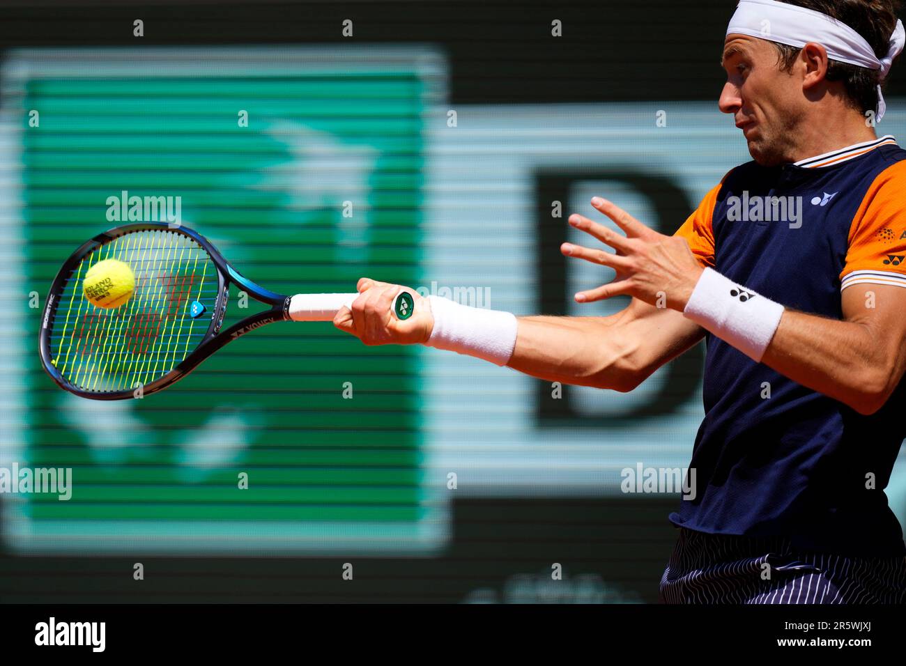 PARIS, FRANCE - JUNE 5: Casper Ruud plays a forehand during 4th round of Roland Garros 2023 ...