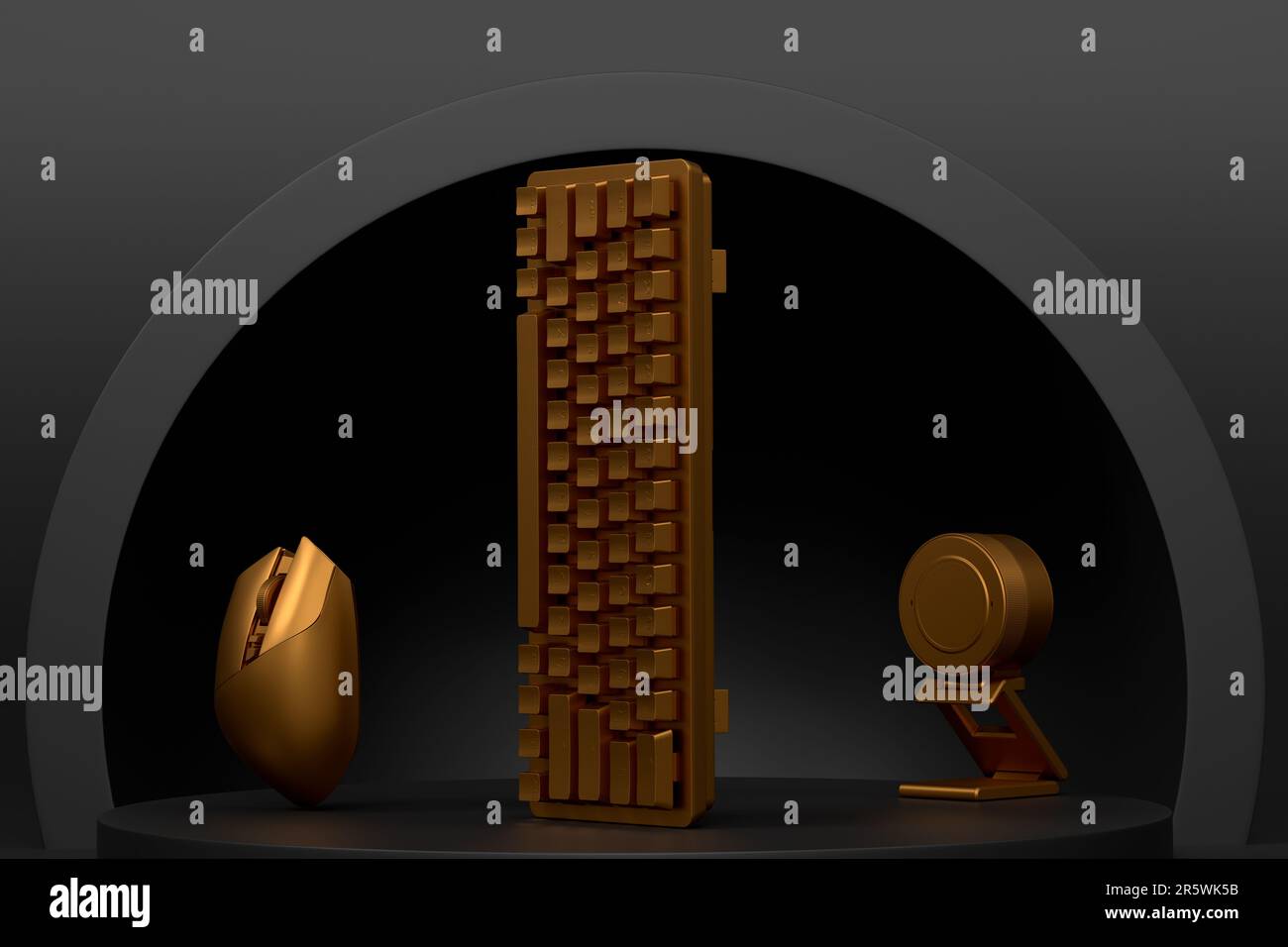 Set of mouse, keyboard and web camera on cylinder podium on monochrome ...