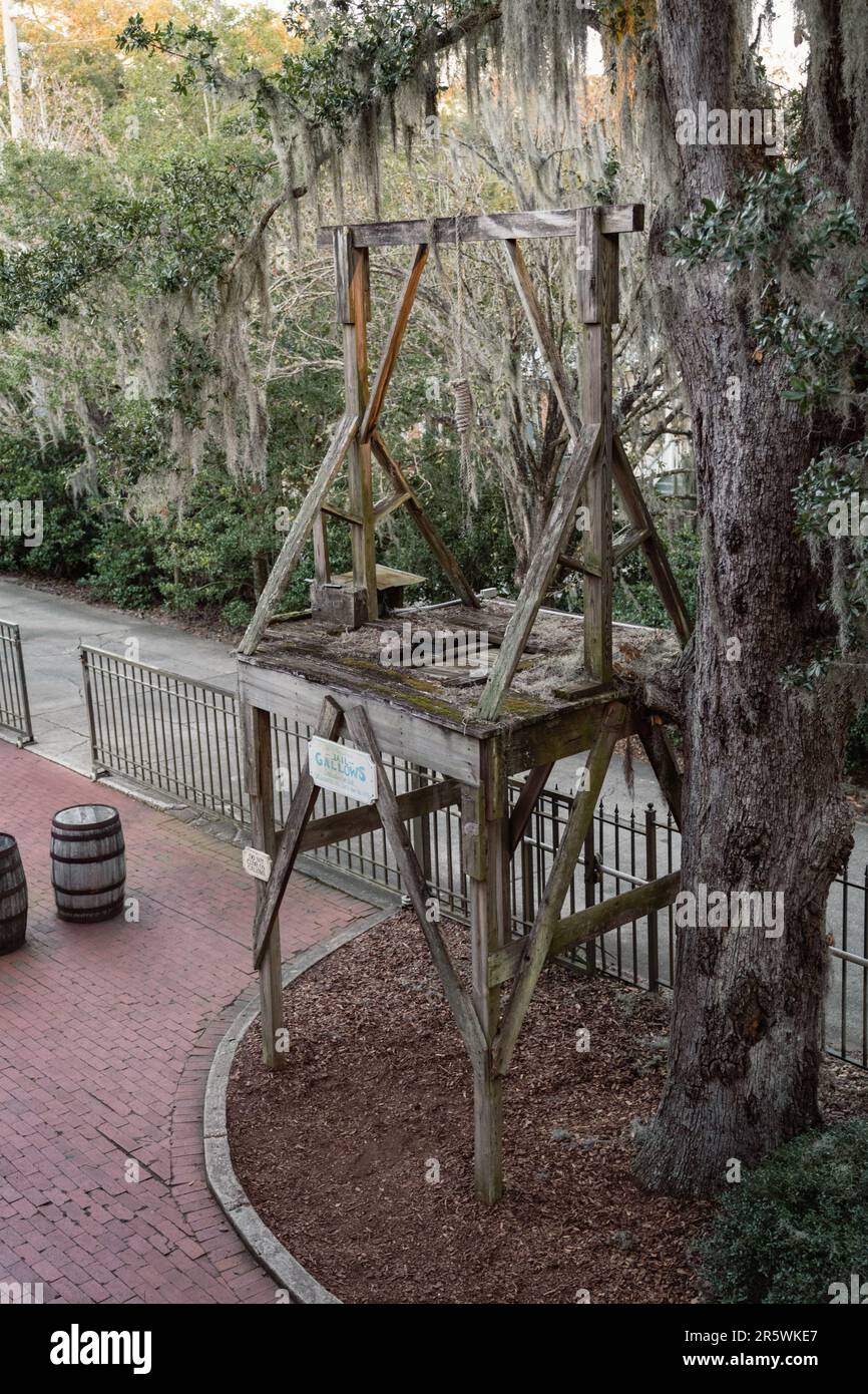 View of the wooden gallows used for hanging prisoners at the old jail ...