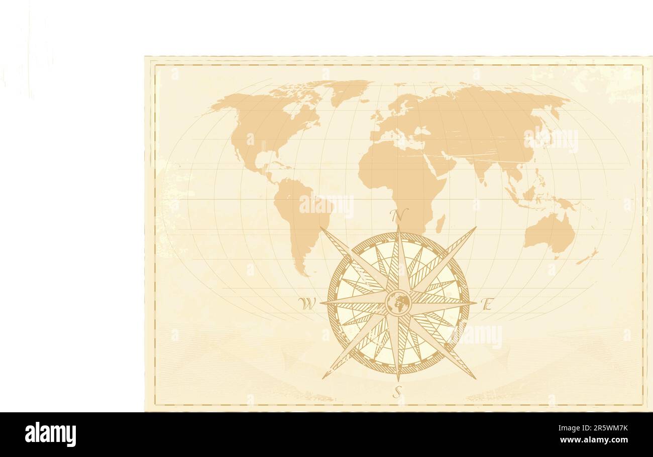 Vintage word map grunge background with retro compass. Vector ...