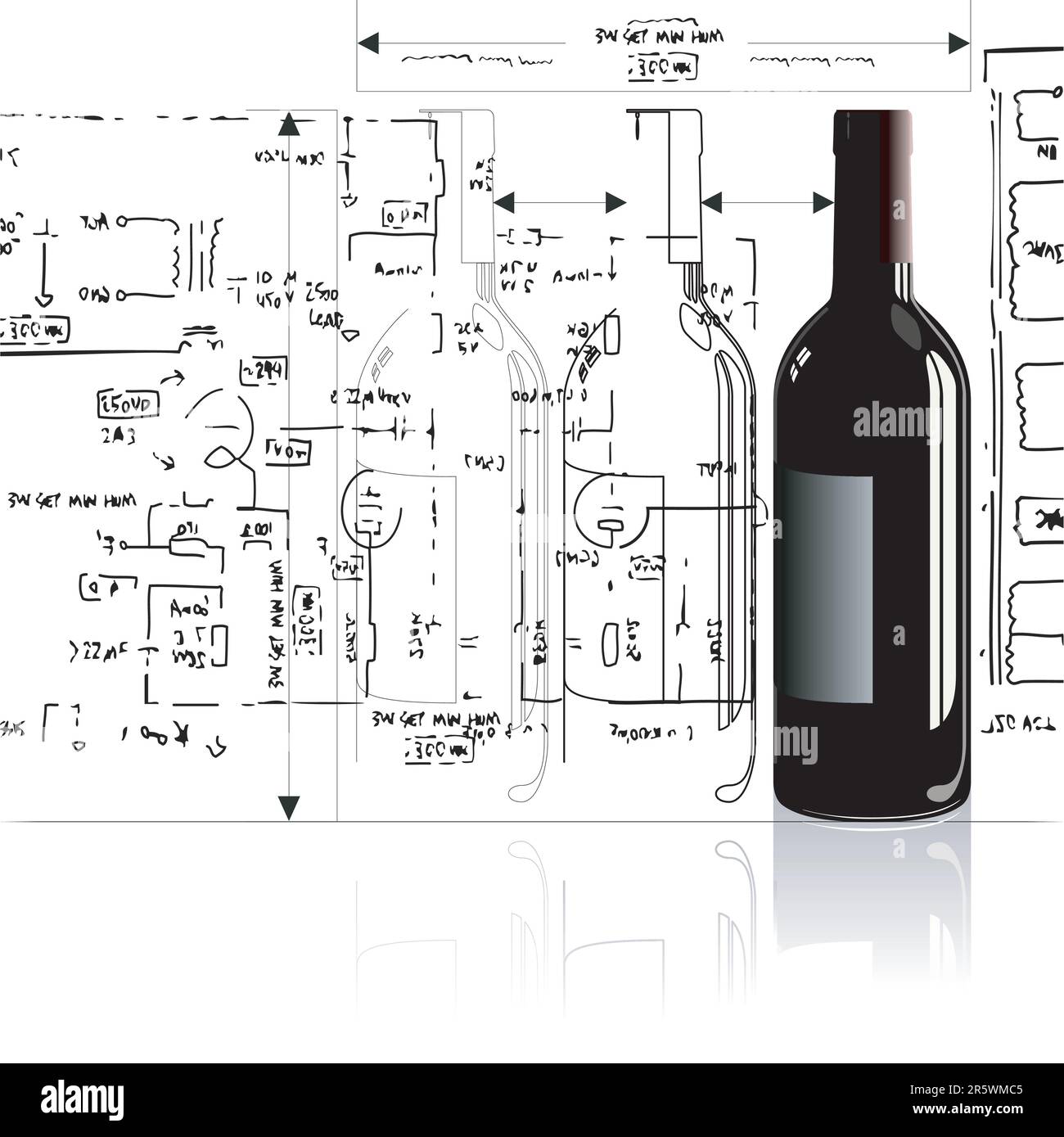 A bottle in outline and fully rendered in a technical style Stock ...