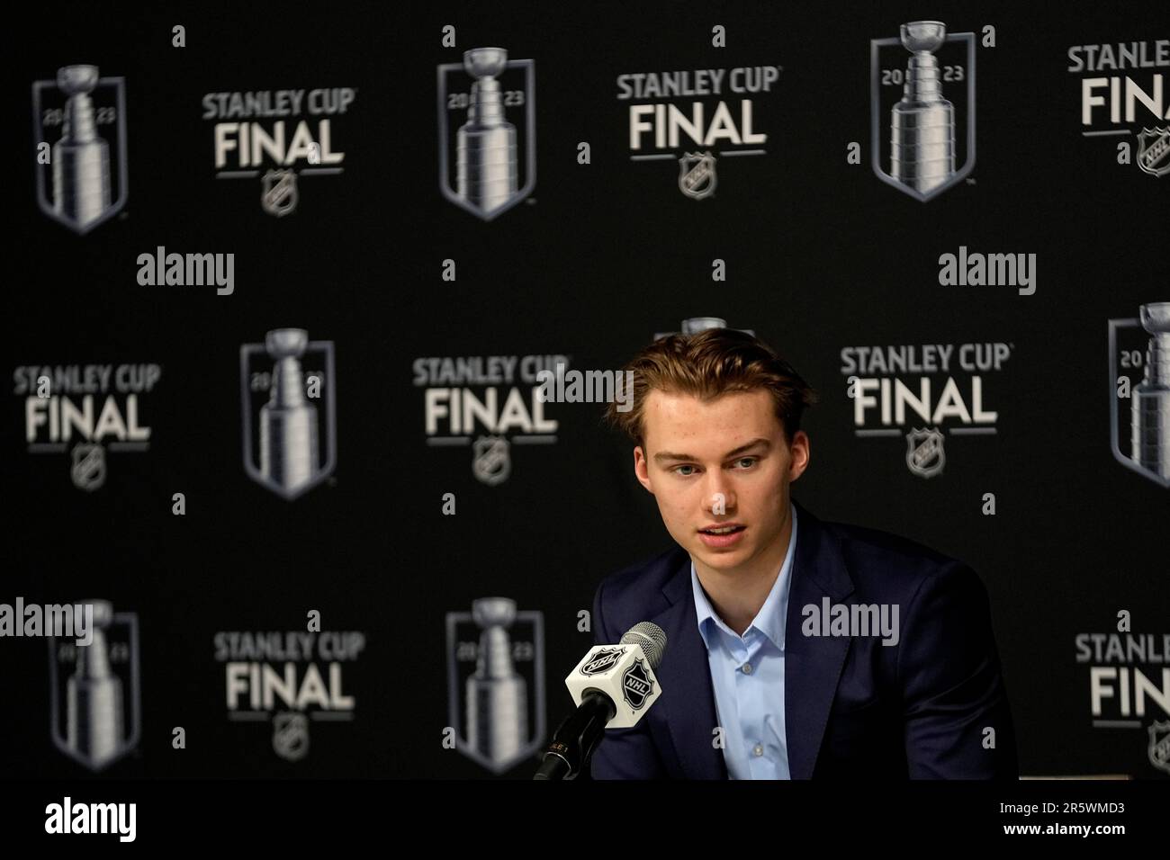 NHL draft prospect Connor Bedard speaks to the media prior to Game 2 of ...