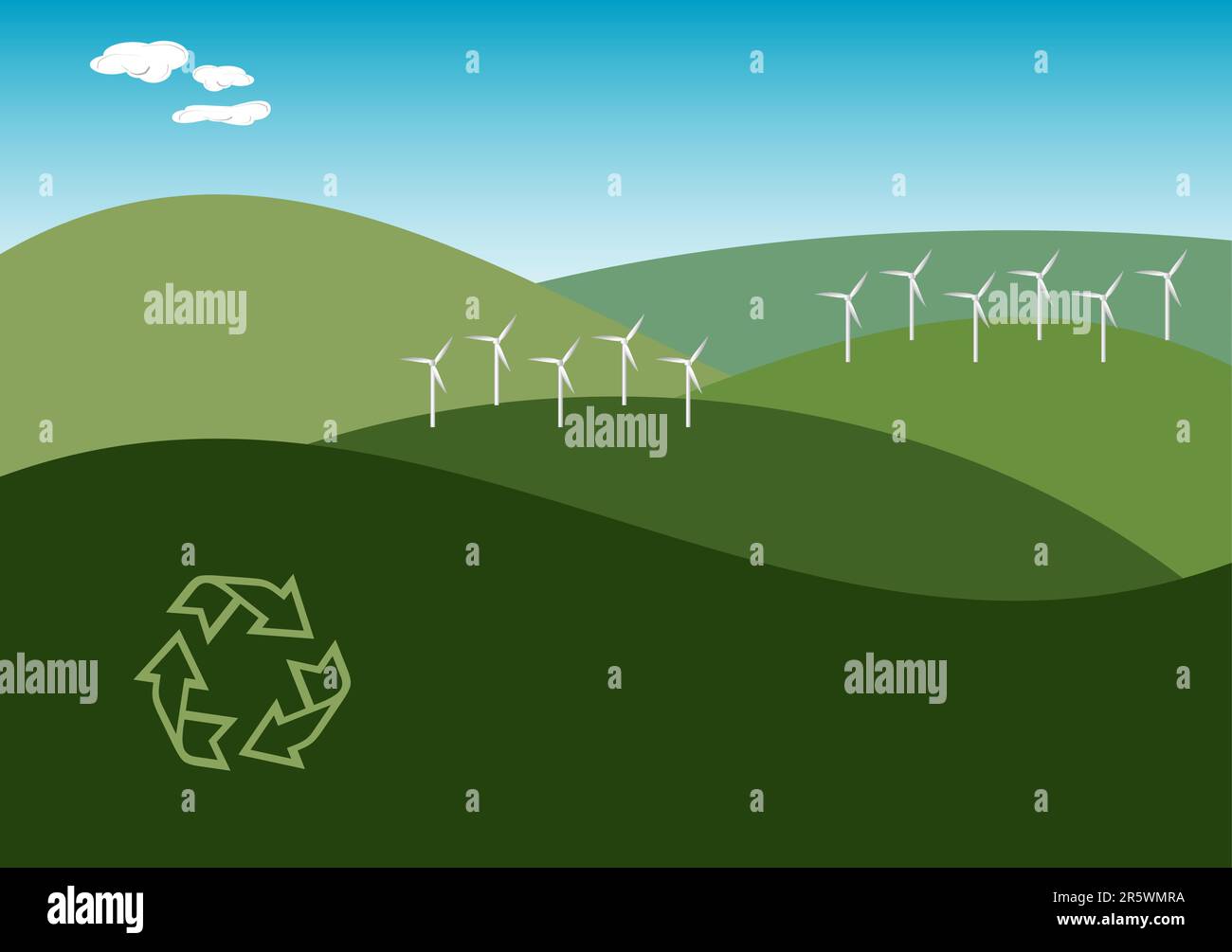 Illustration of a windfarm on green hills with clean blue sky Stock ...