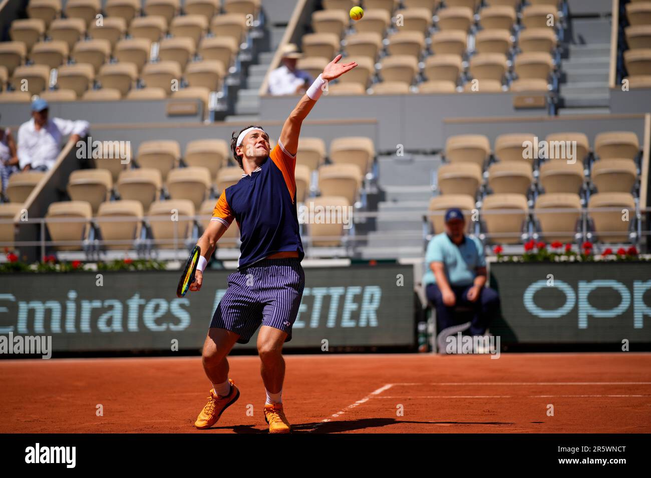 PARIS, FRANCE - JUNE 5: Casper Ruud serves during 4th round of Roland Garros 2023 match between ...