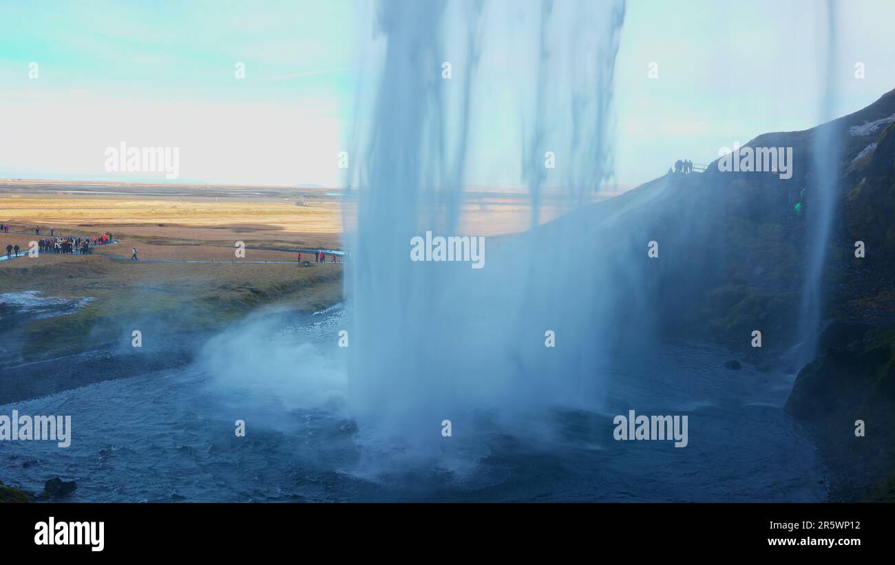 Seljalandsfoss large nordic cascade circa March 2023 with water running ...