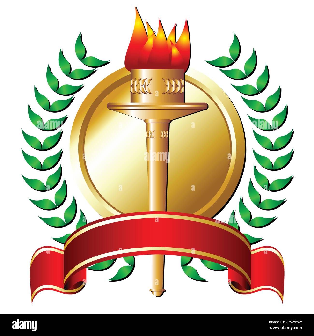 Ribbon and olympic torch ornamented with laurel crown over white ...