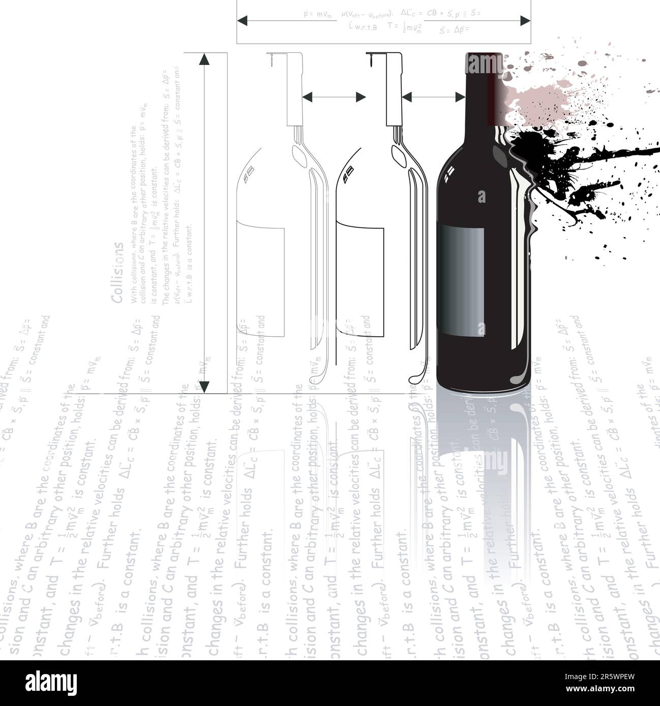 A bottle in outline and fully rendered in a splashy technical style ...