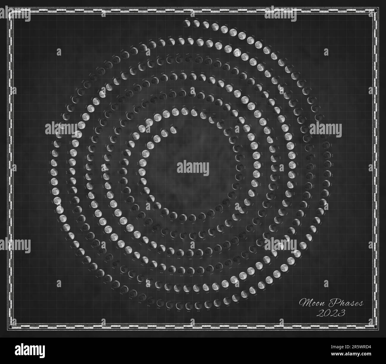 Moon Calendar 2023, Spiral Moon Phases on Black Background Stock Photo ...