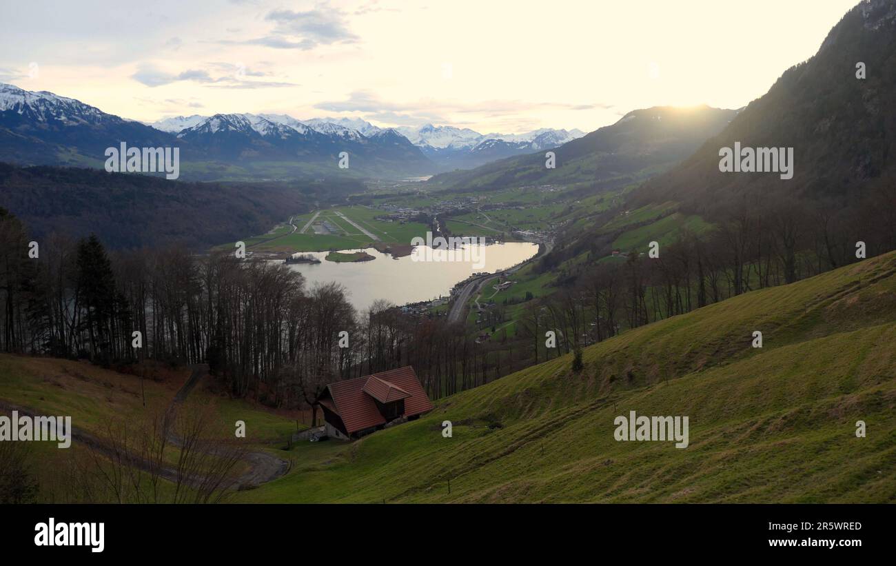 An aerial view of the beautiful Lake Lucerne and nearby fields and ...
