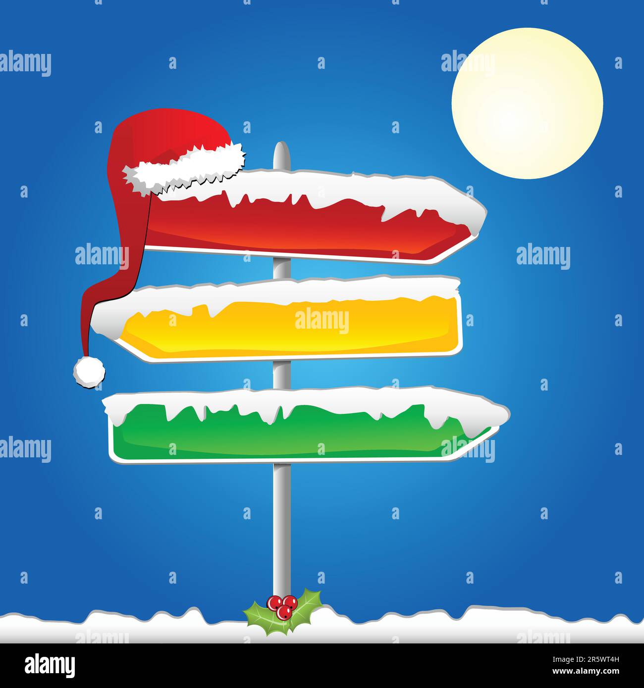 Road signs of different colors covered with snow with a Santa's hat ...